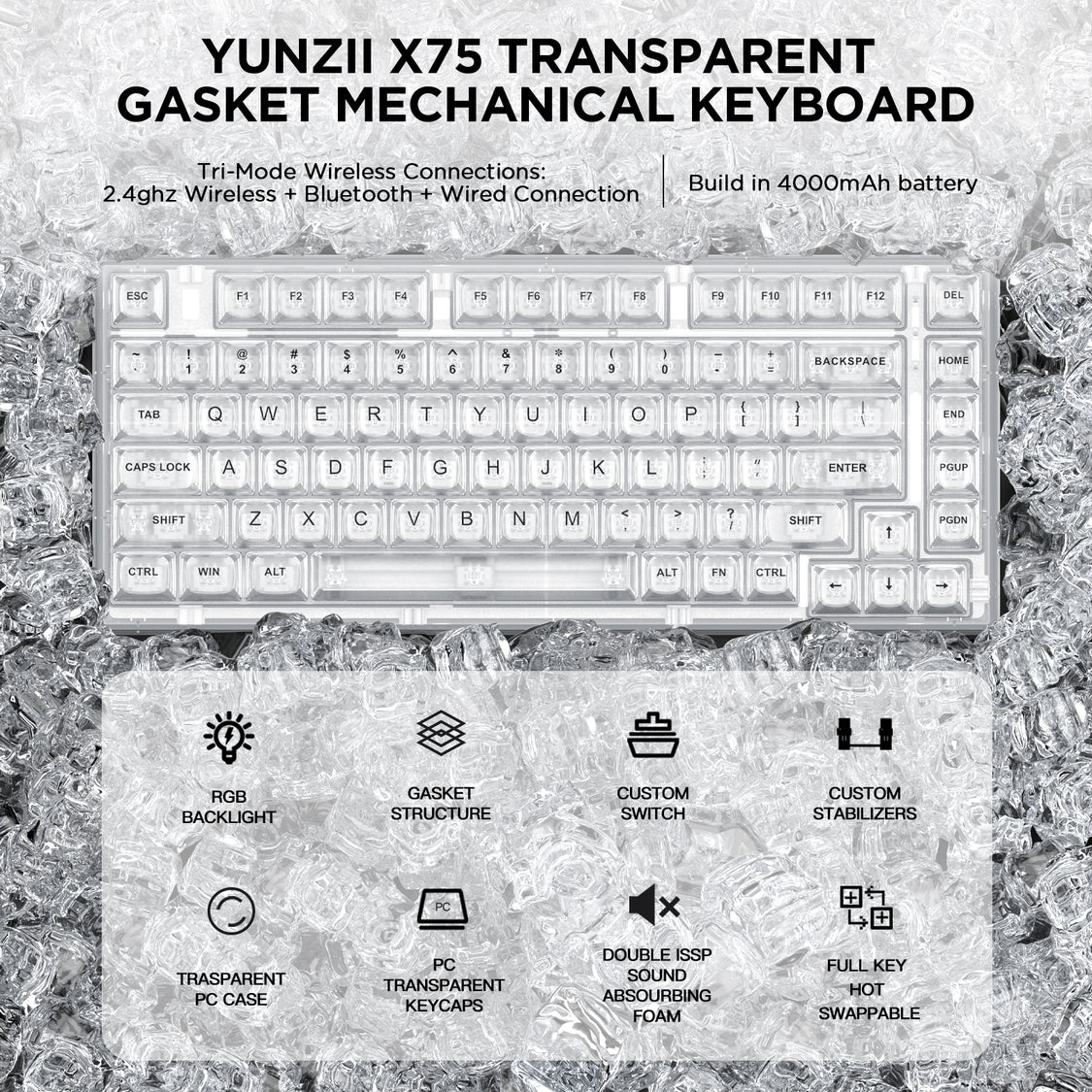 YUNZII X75 PRO 82 Key Wireless Hot Swappable Gasket Transparent Mechan ...