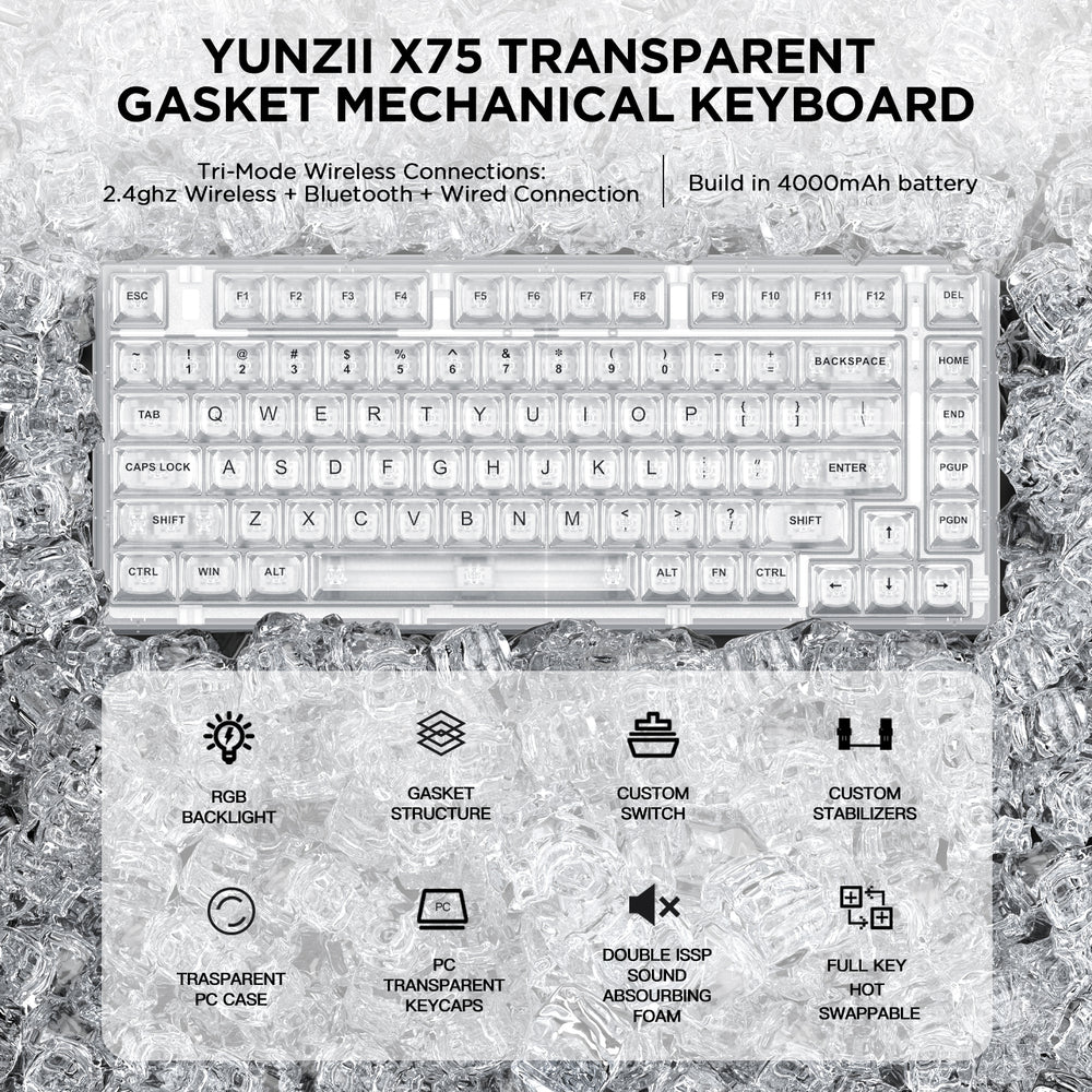 YUNZII X75 PRO 82 Key Wireless Hot Swappable Gasket Transparent Mechan