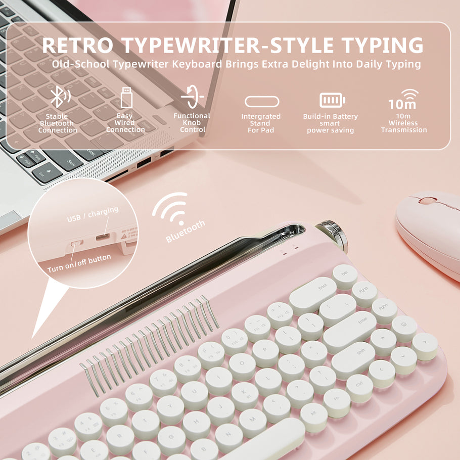 YUNZII ACTTO B307 Baby Pink Upgraded Rechargeable Wireless Retro Typew ...