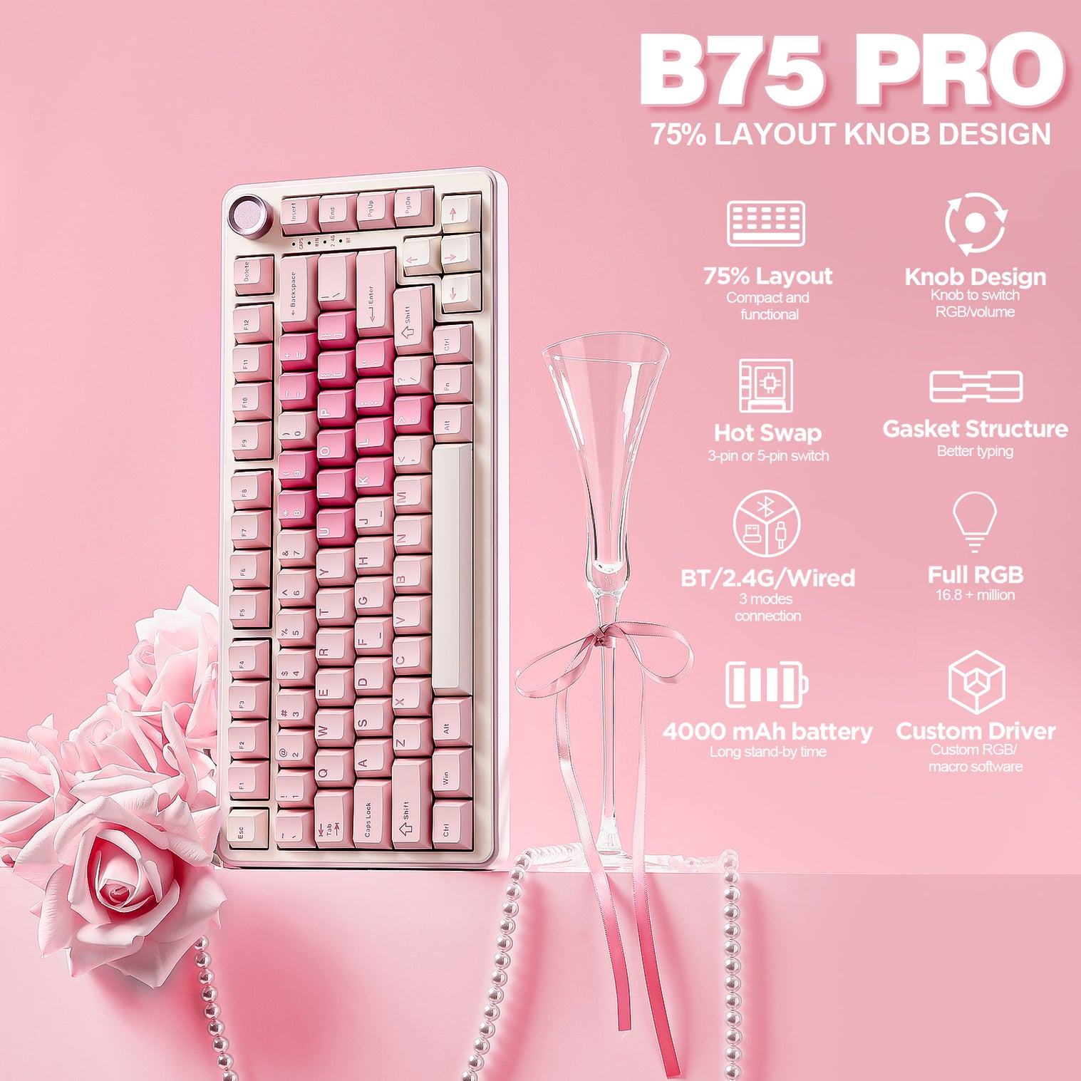 YUNZII B75 Pro Pink Wireless Mechanical Keyboard – YUNZII KEYBOARD