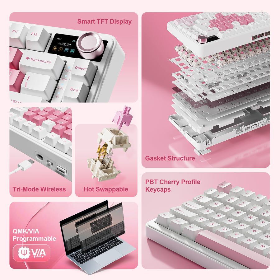 YUNZII B75 PRO MAX QMK/VIA Knob TFT Screen Wireless Mechanical Keyboar ...